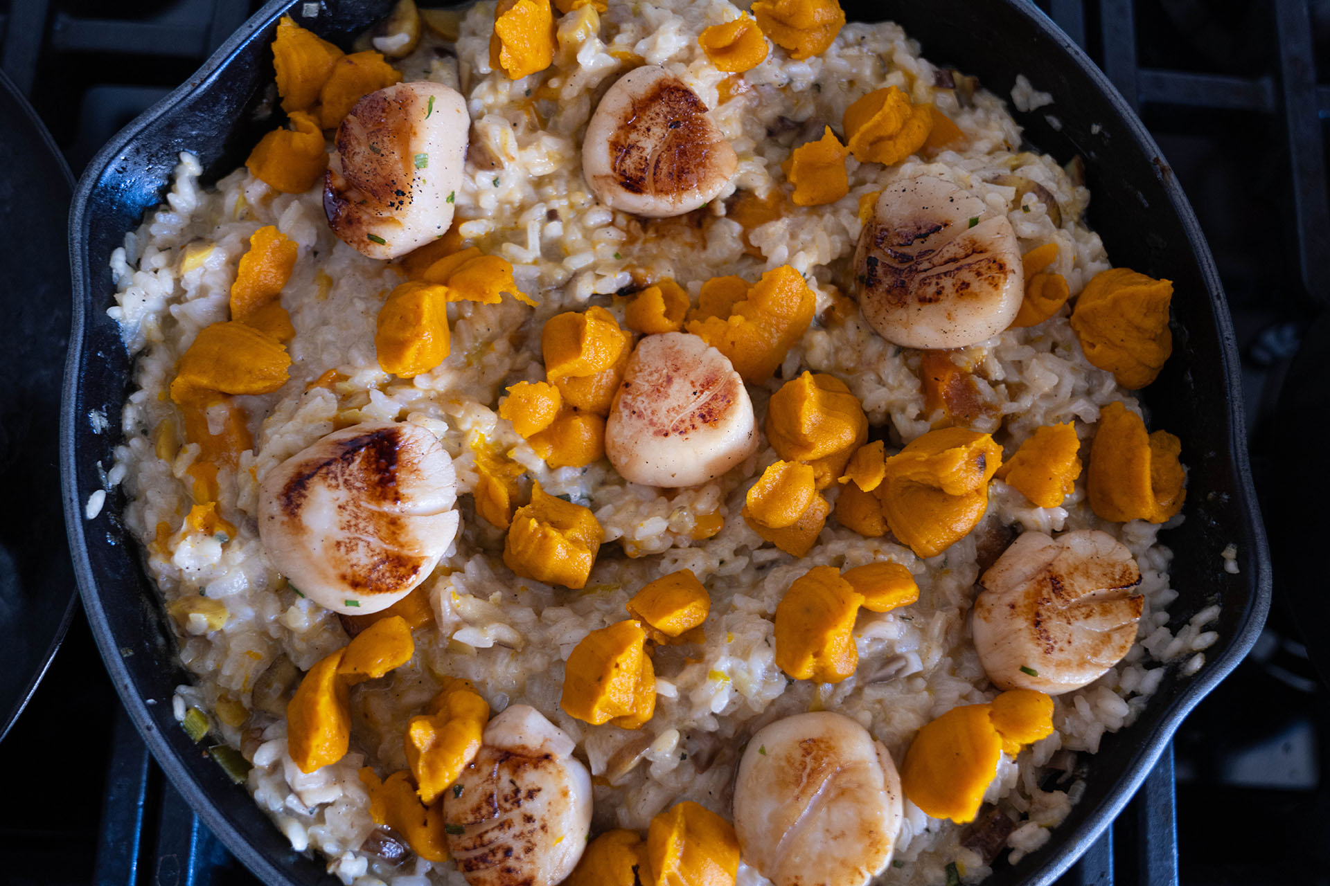 Scallop, Squash, Chestnut, and Sage Risotto - Collards and Cannoli